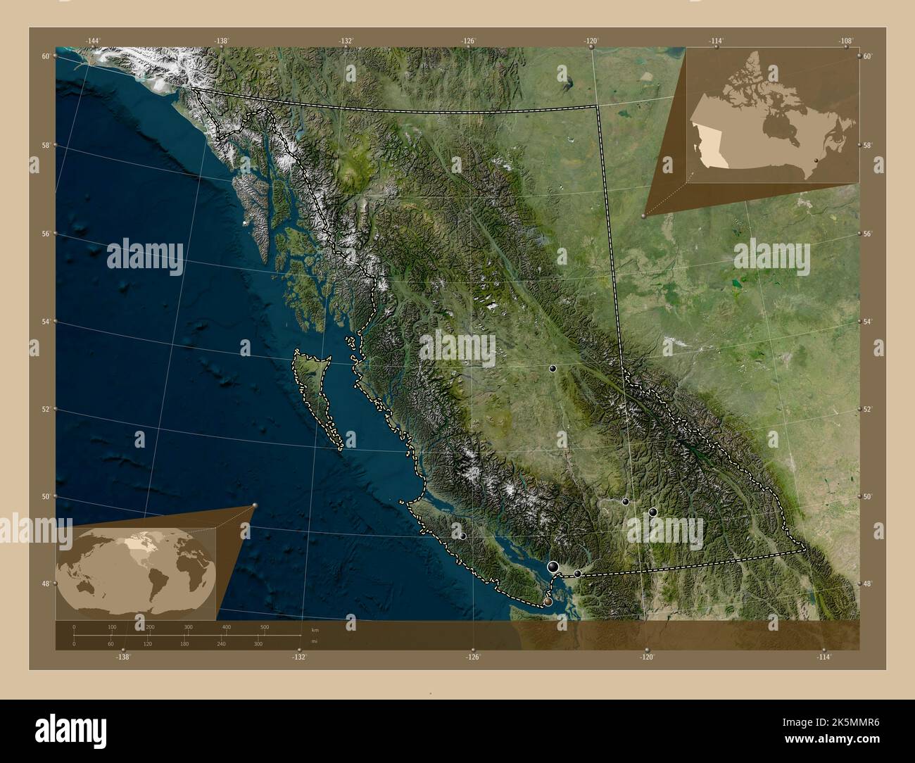 British Columbia, province of Canada. Low resolution satellite map ...