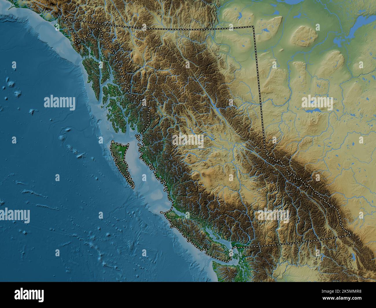 British Columbia, province of Canada. Colored elevation map with lakes ...