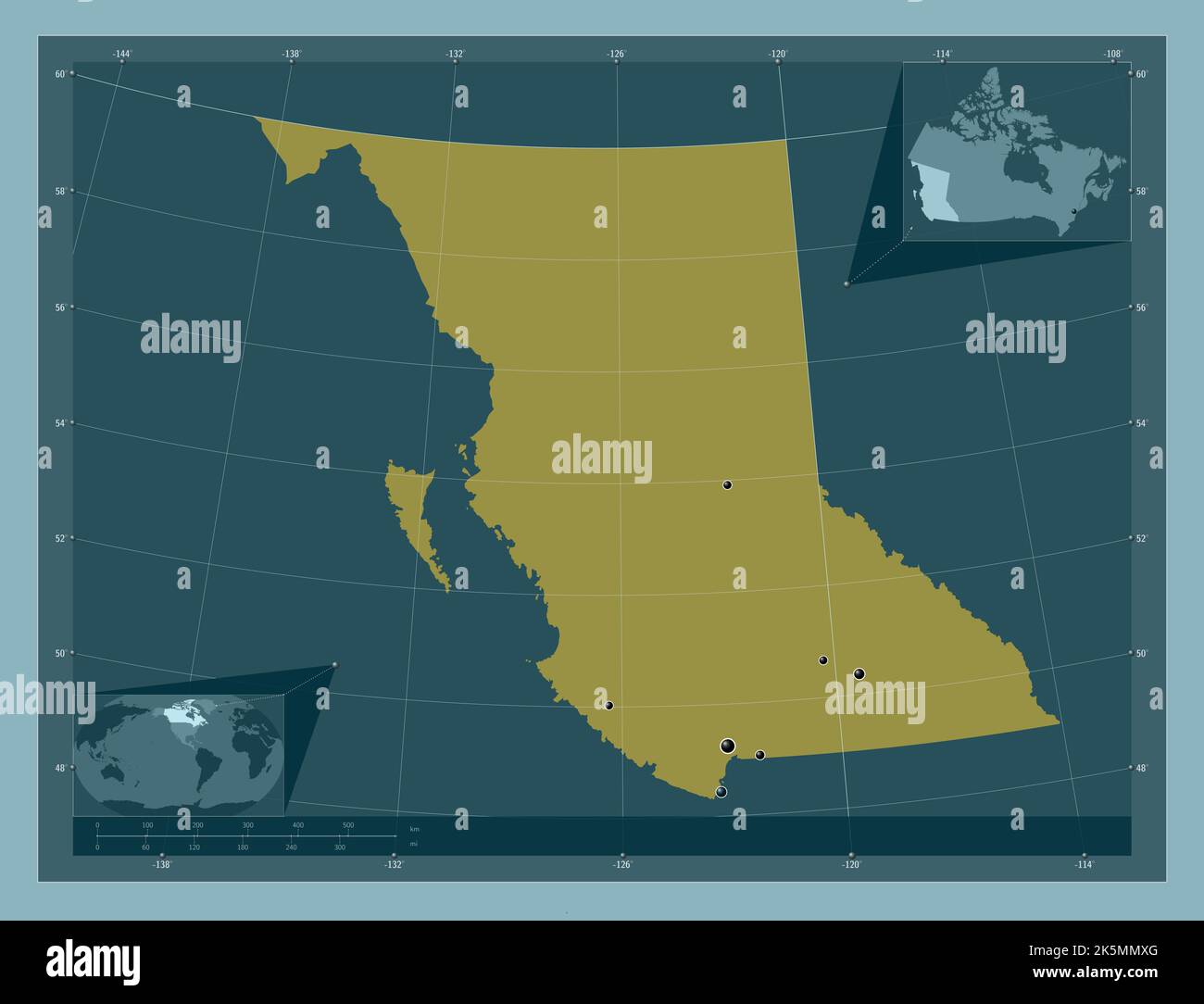 British Columbia, province of Canada. Solid color shape. Locations of ...
