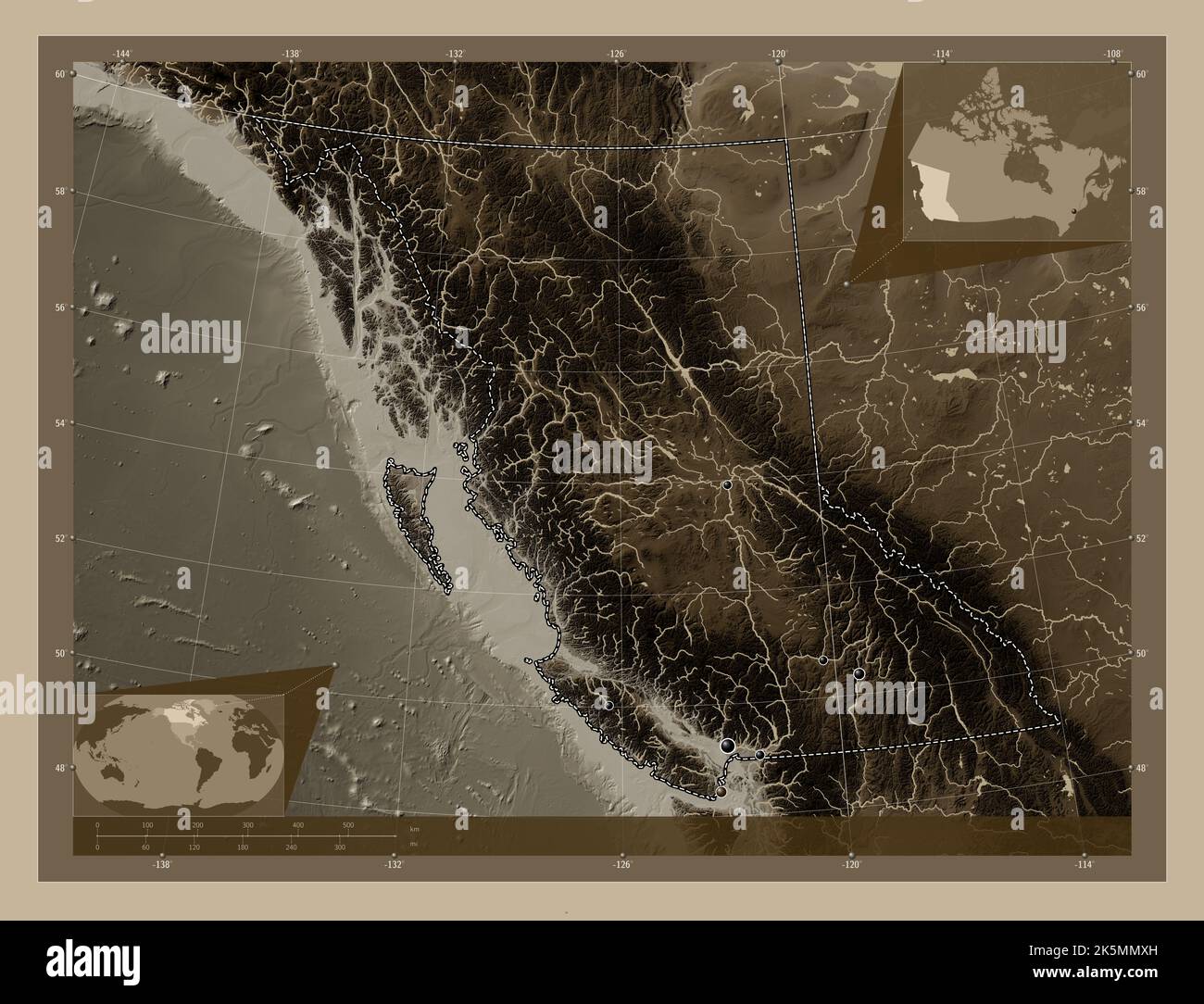 British Columbia, province of Canada. Elevation map colored in sepia ...