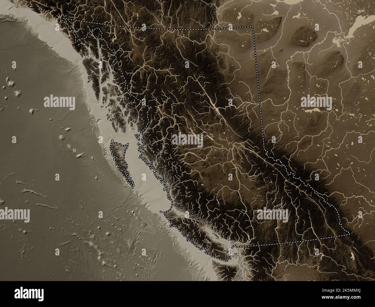 British Columbia, province of Canada. Elevation map colored in sepia ...