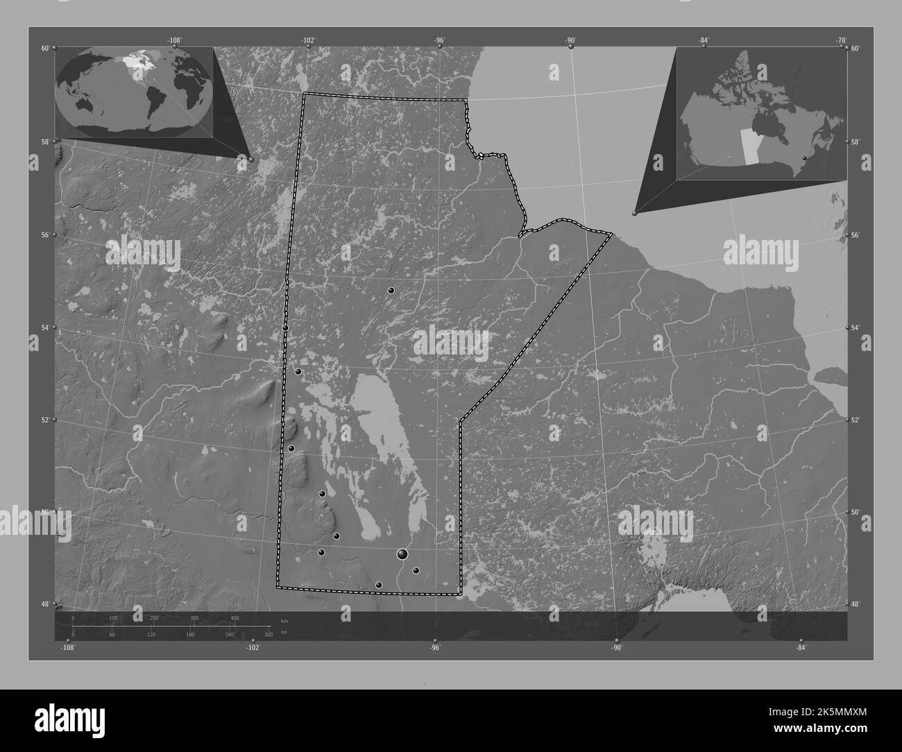 Manitoba, province of Canada. Bilevel elevation map with lakes and ...
