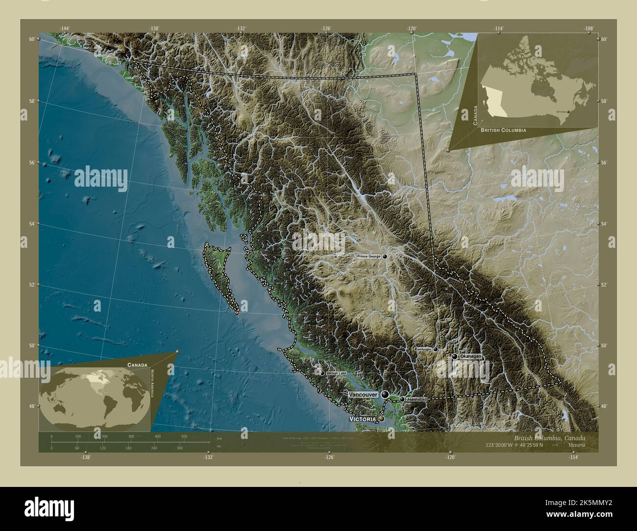 British Columbia, province of Canada. Elevation map colored in wiki ...