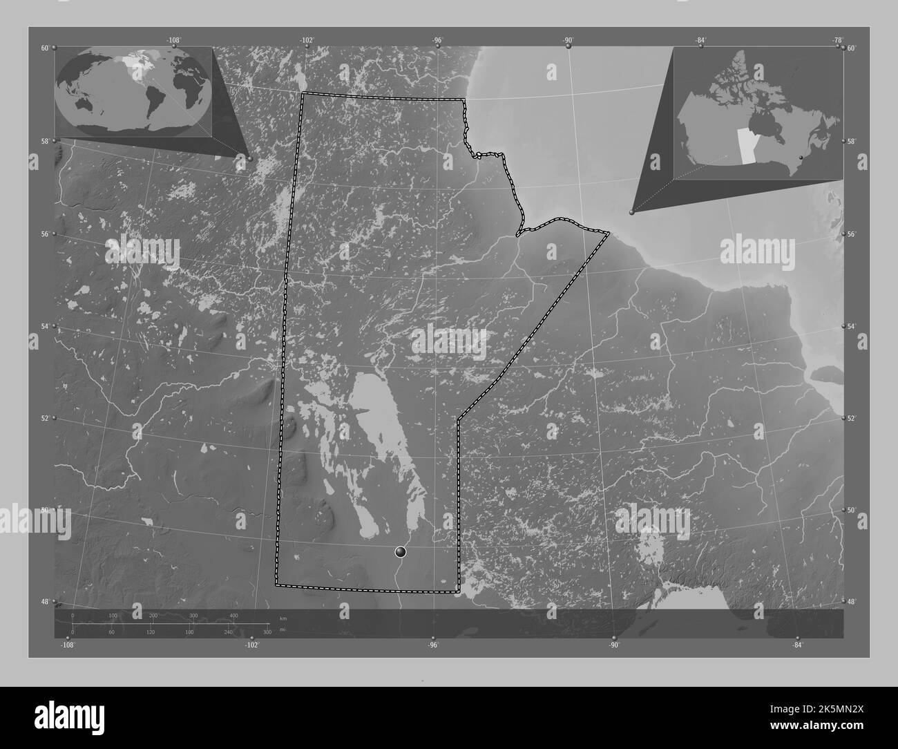 Manitoba, province of Canada. Grayscale elevation map with lakes and ...