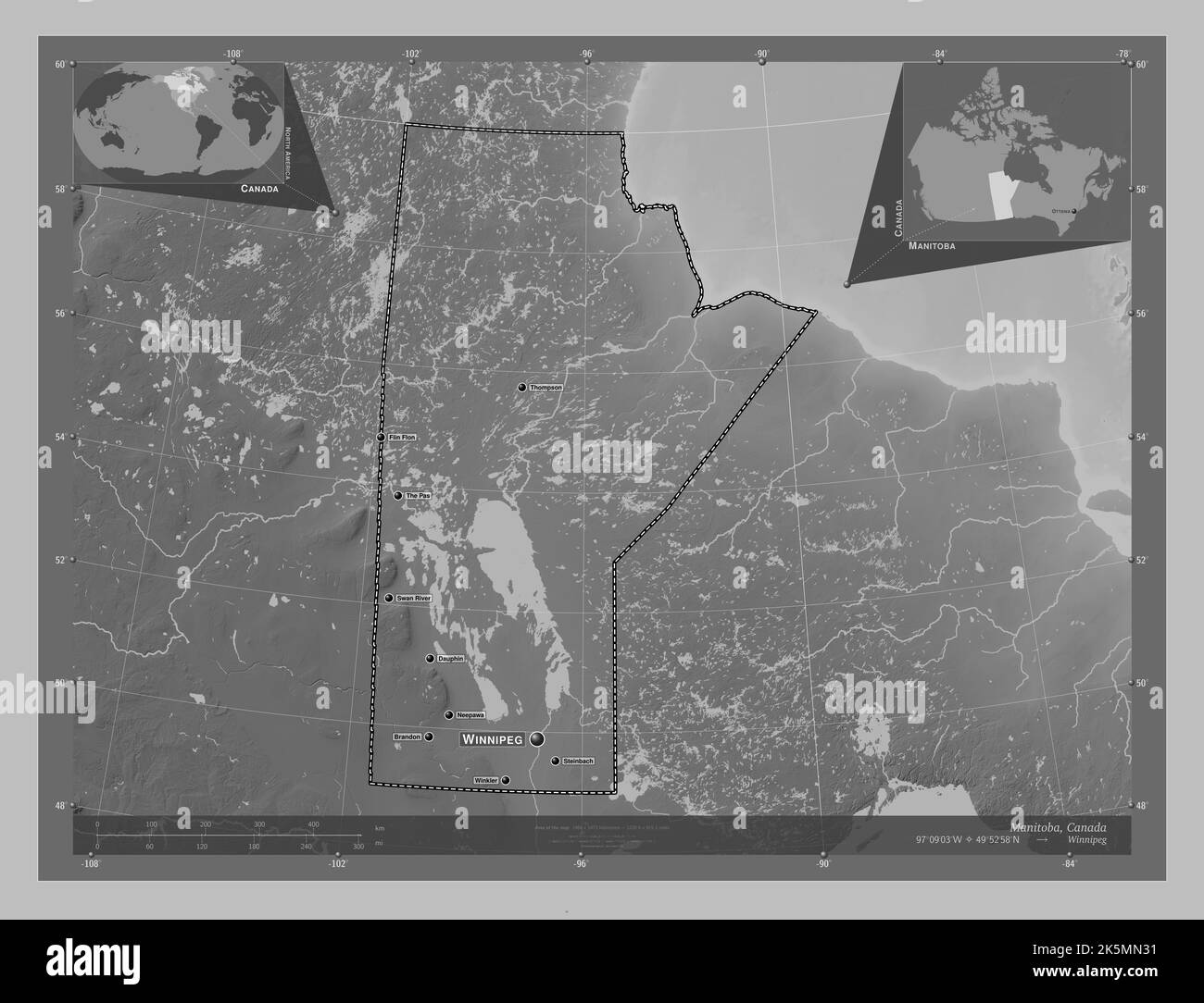 Manitoba, province of Canada. Grayscale elevation map with lakes and ...