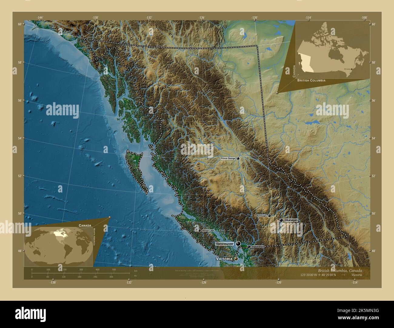 British Columbia, province of Canada. Colored elevation map with lakes ...