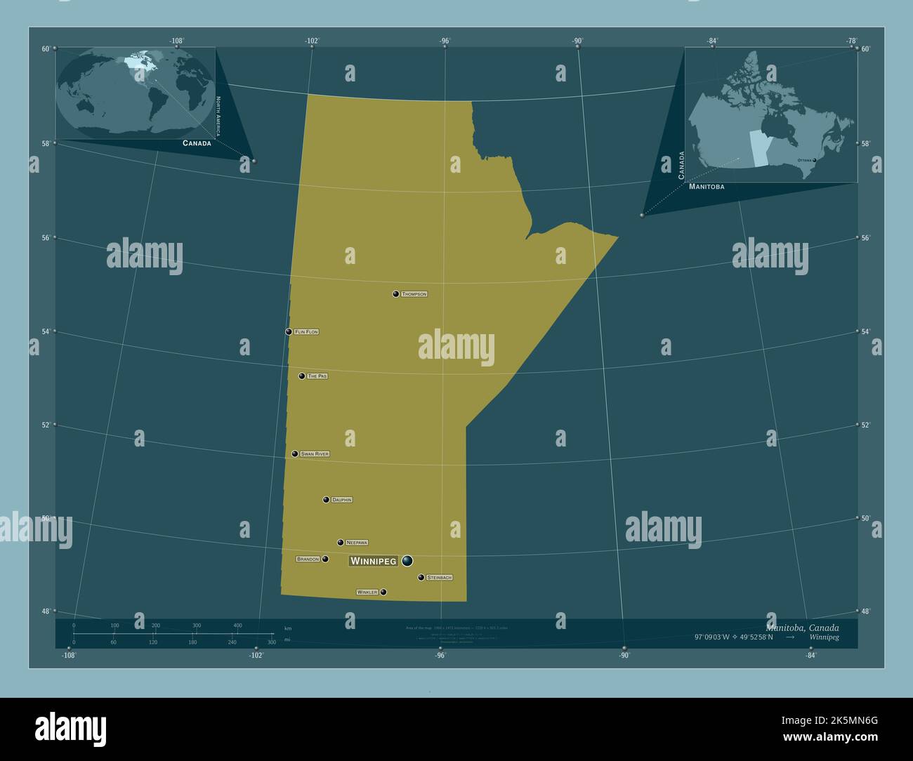 Manitoba, province of Canada. Solid color shape. Locations and names of ...
