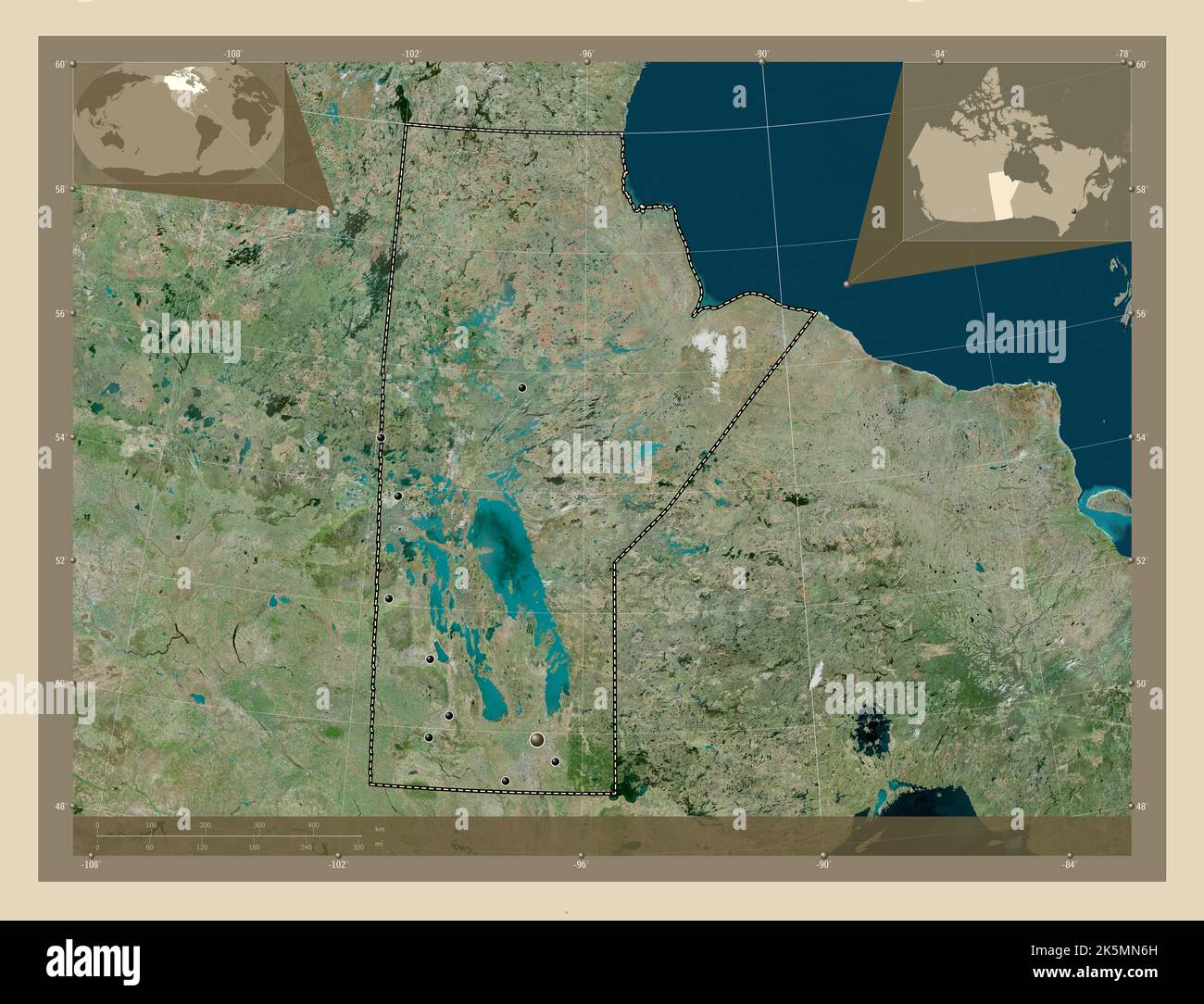 Manitoba, province of Canada. High resolution satellite map. Locations ...