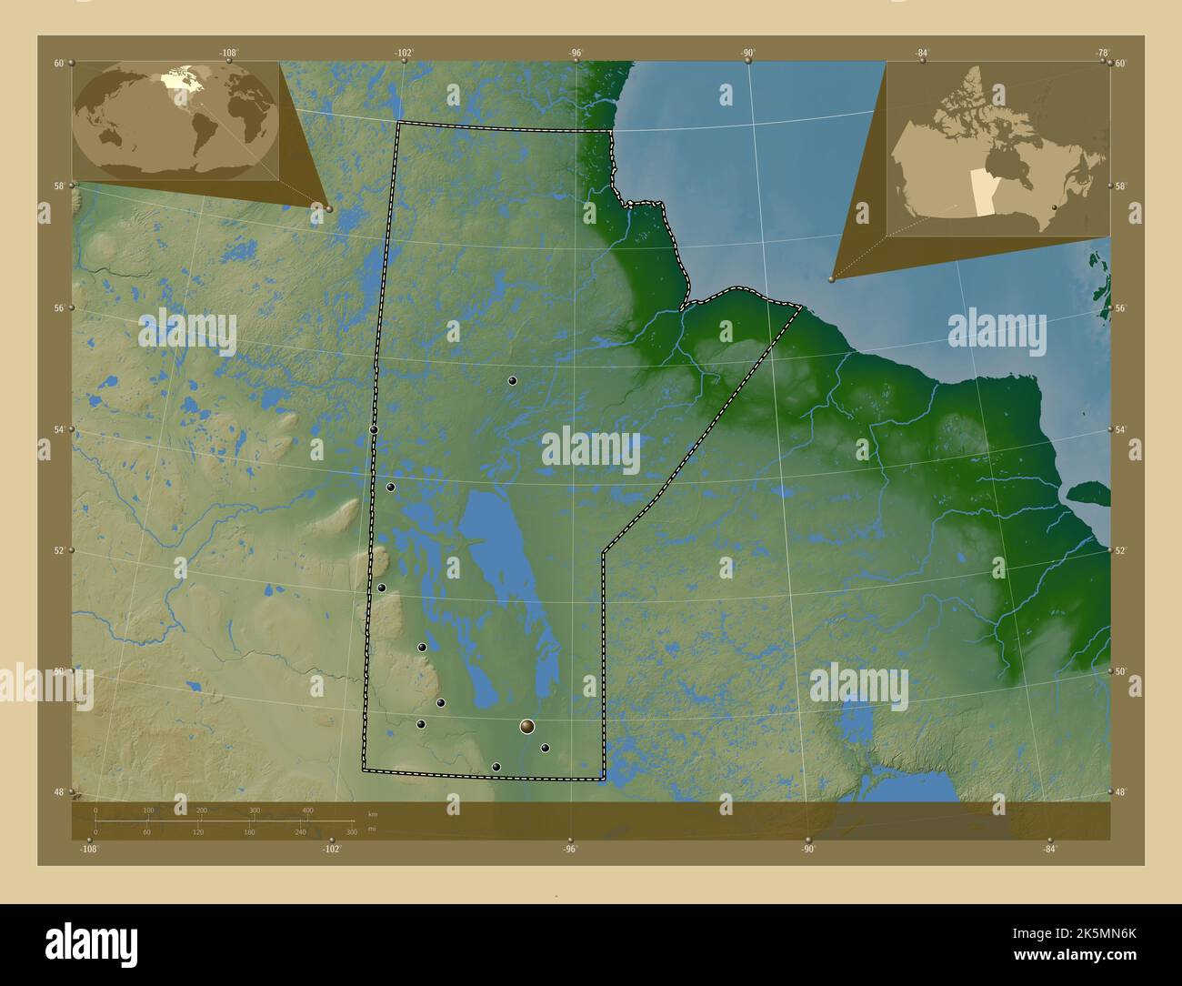 Manitoba, province of Canada. Colored elevation map with lakes and ...