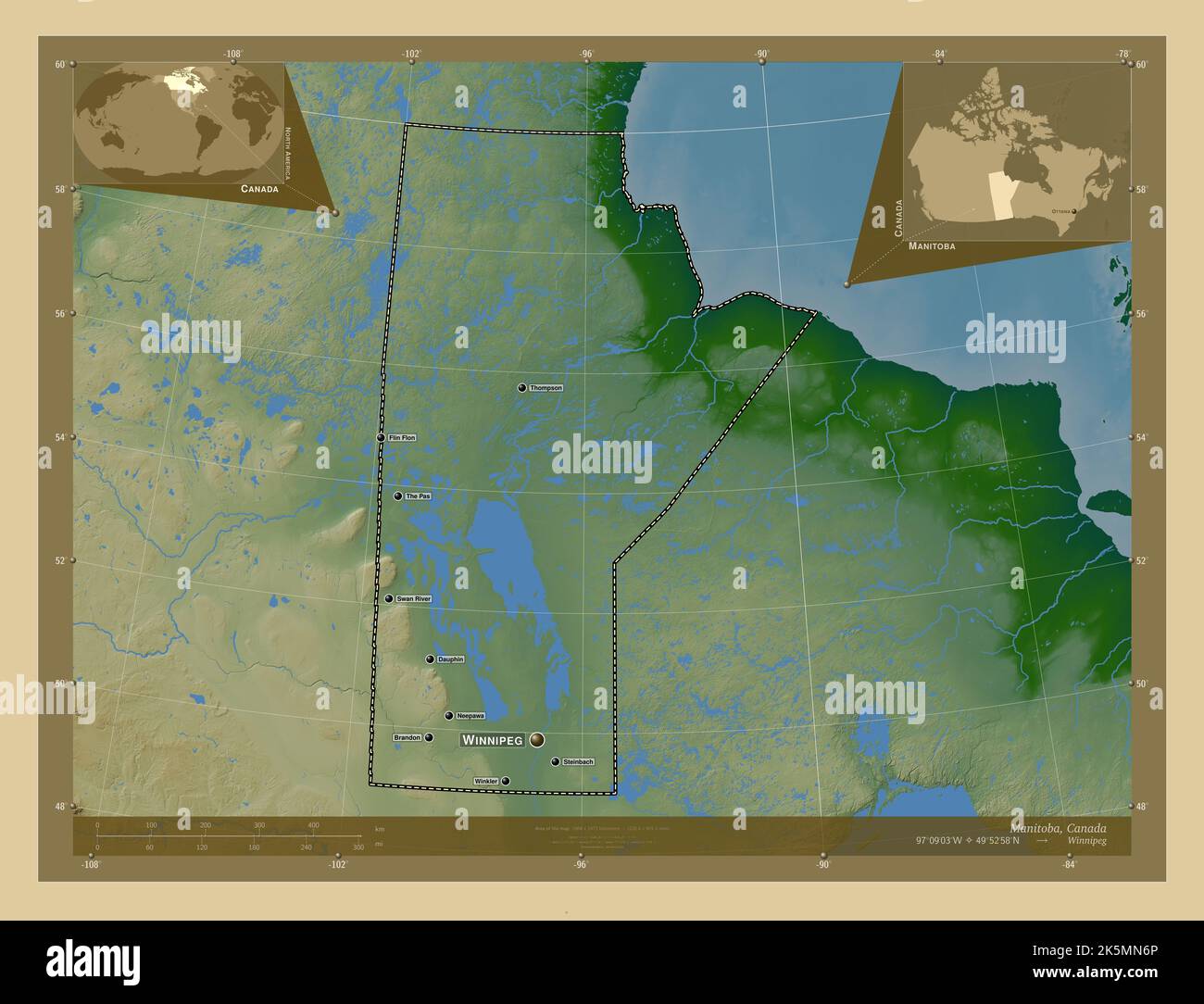 Manitoba, province of Canada. Colored elevation map with lakes and rivers. Locations and names ...