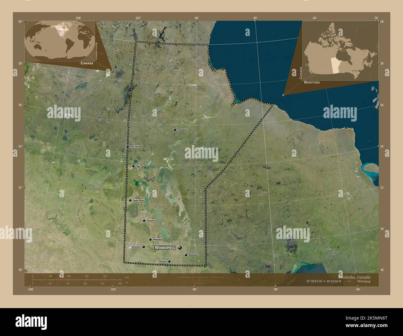 Manitoba, province of Canada. Low resolution satellite map. Locations ...