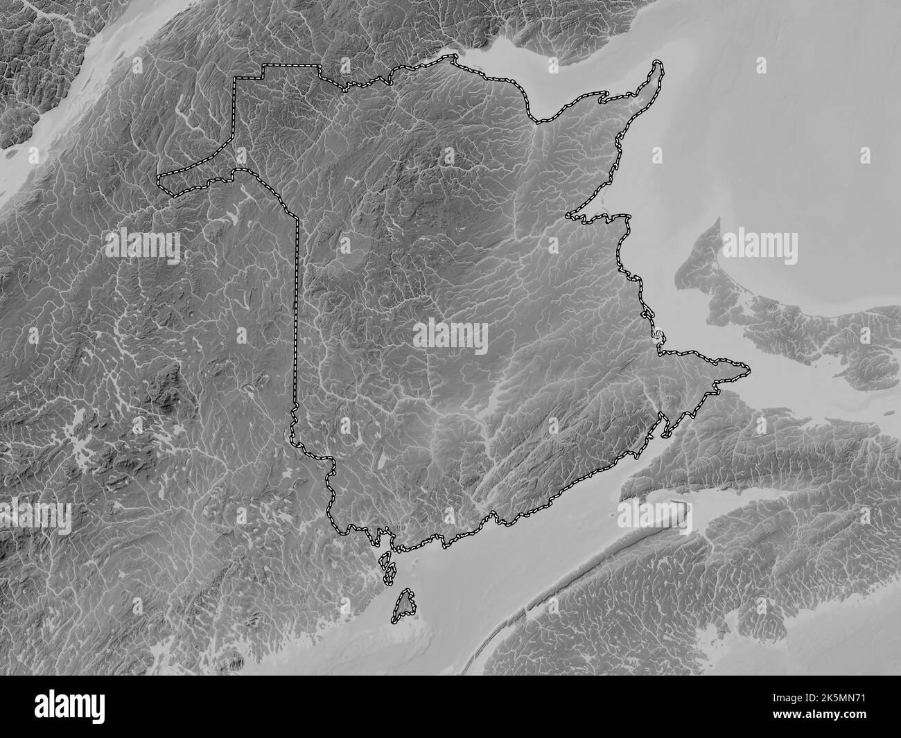 New Brunswick, province of Canada. Grayscale elevation map with lakes ...
