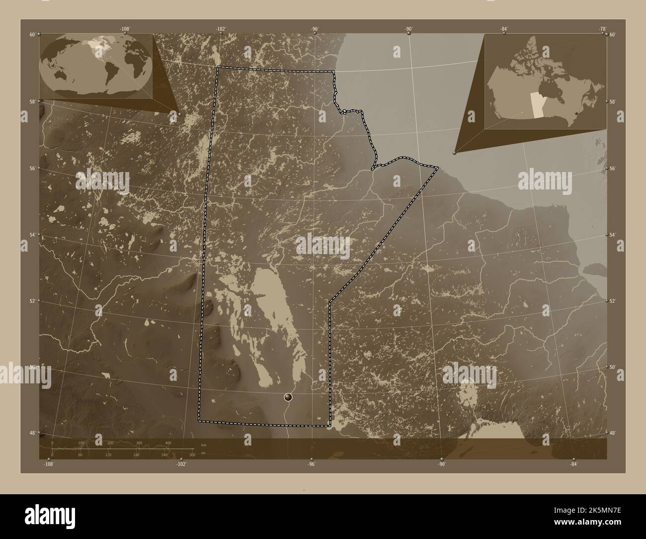 Manitoba, province of Canada. Elevation map colored in sepia tones with ...