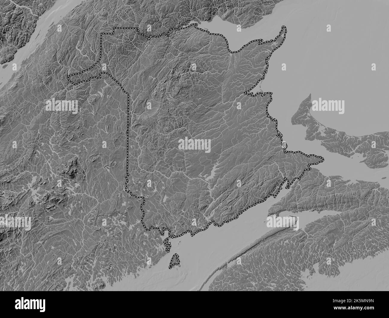 New Brunswick, province of Canada. Bilevel elevation map with lakes and ...