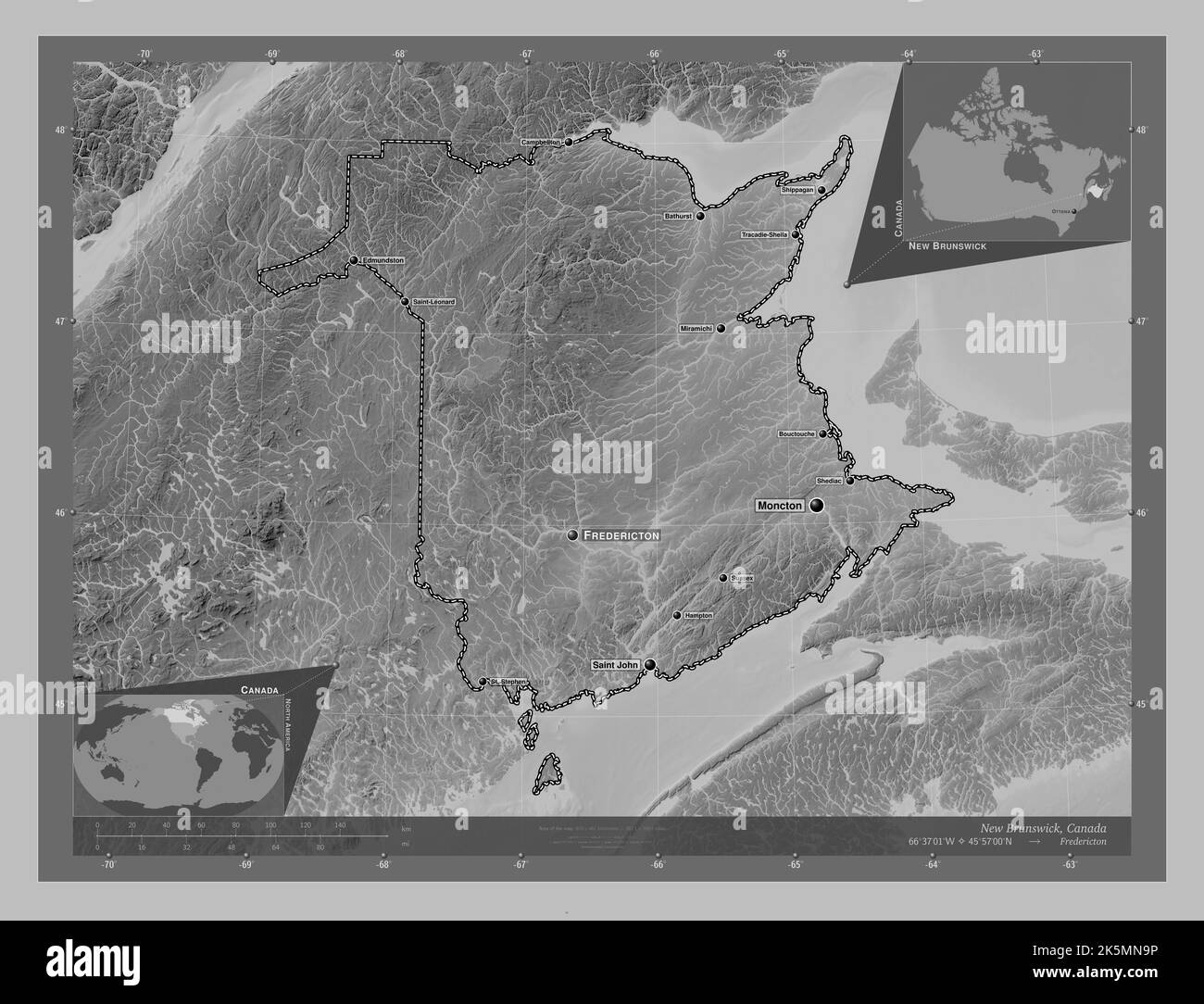 New Brunswick, province of Canada. Grayscale elevation map with lakes ...