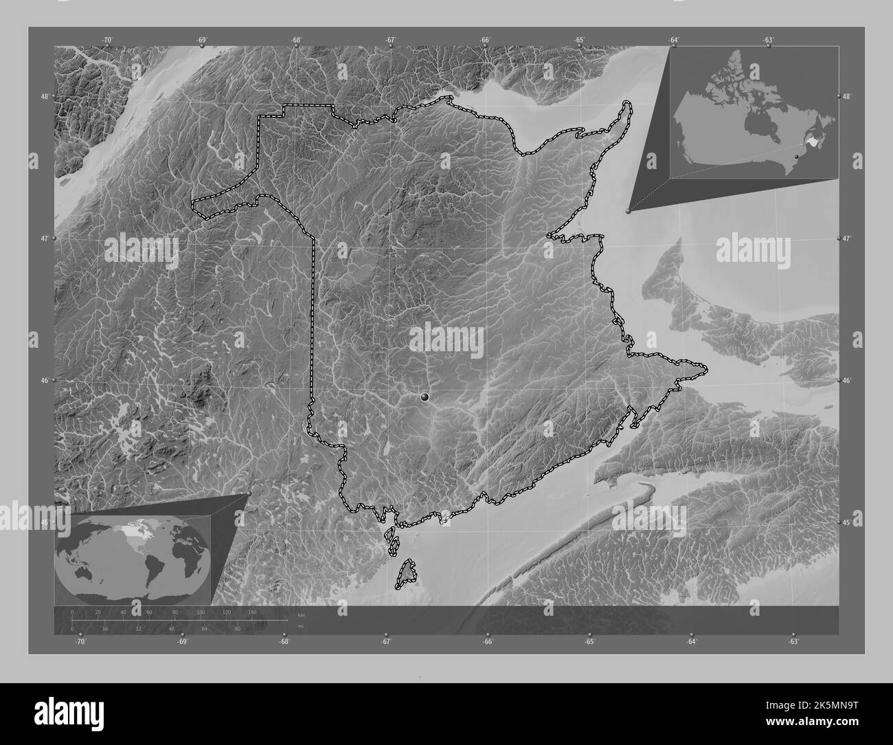 New Brunswick, province of Canada. Grayscale elevation map with lakes ...