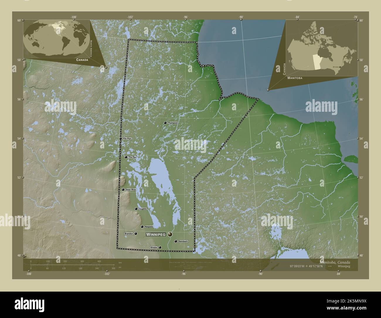 Manitoba, province of Canada. Elevation map colored in wiki style with ...