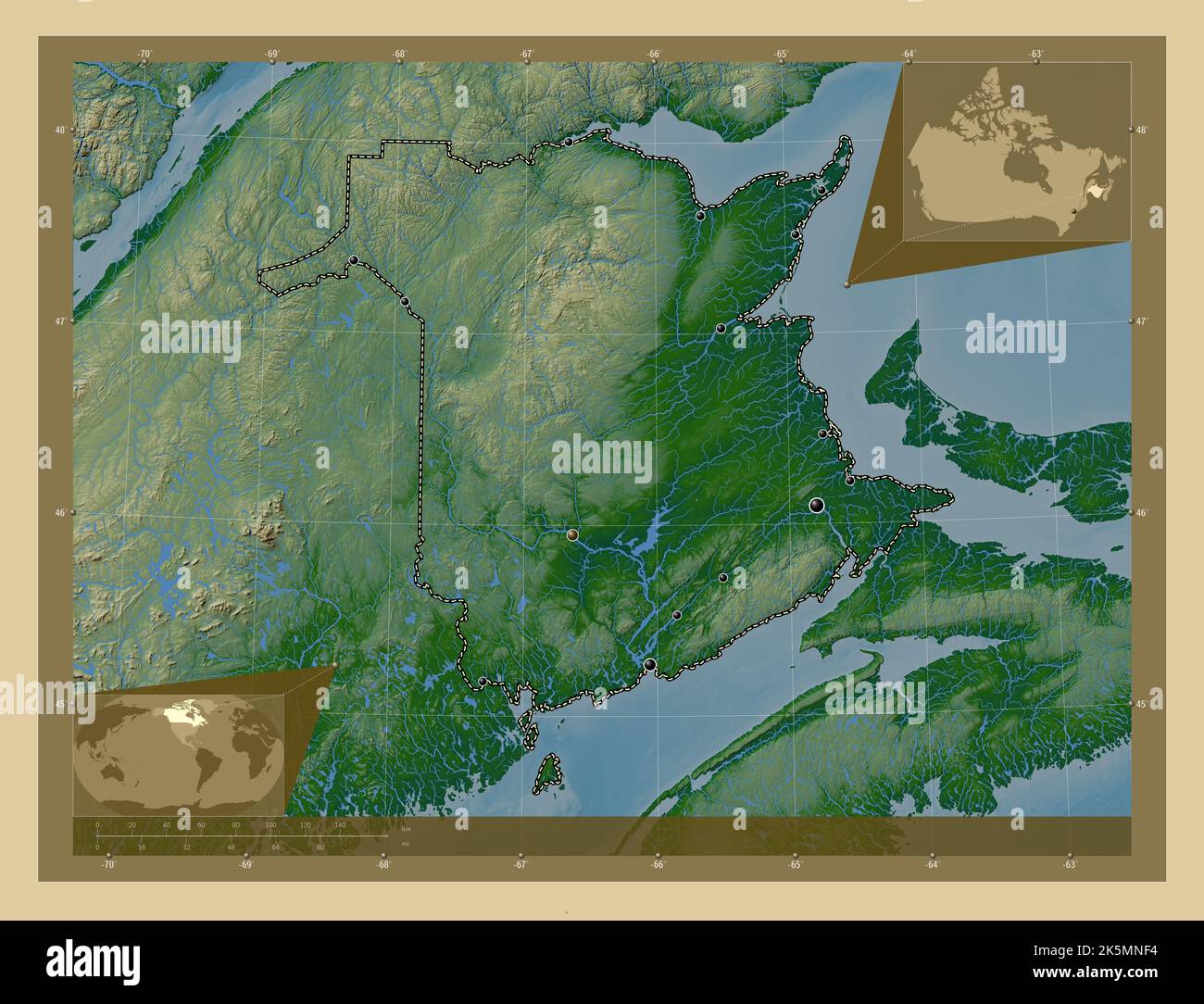 New Brunswick, province of Canada. Colored elevation map with lakes and ...