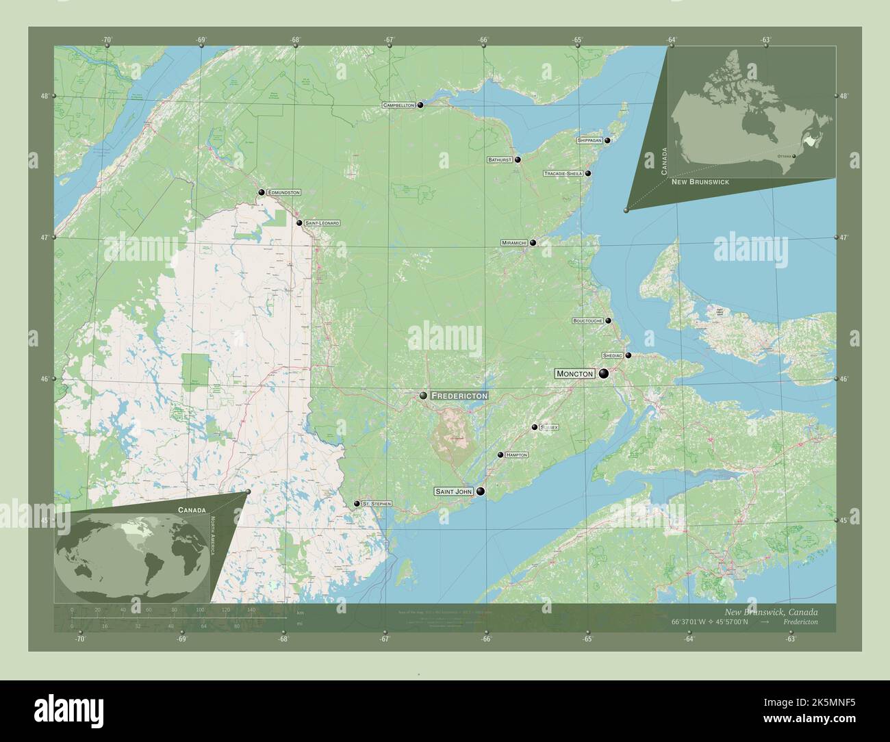 New Brunswick, province of Canada. Open Street Map. Locations and names ...