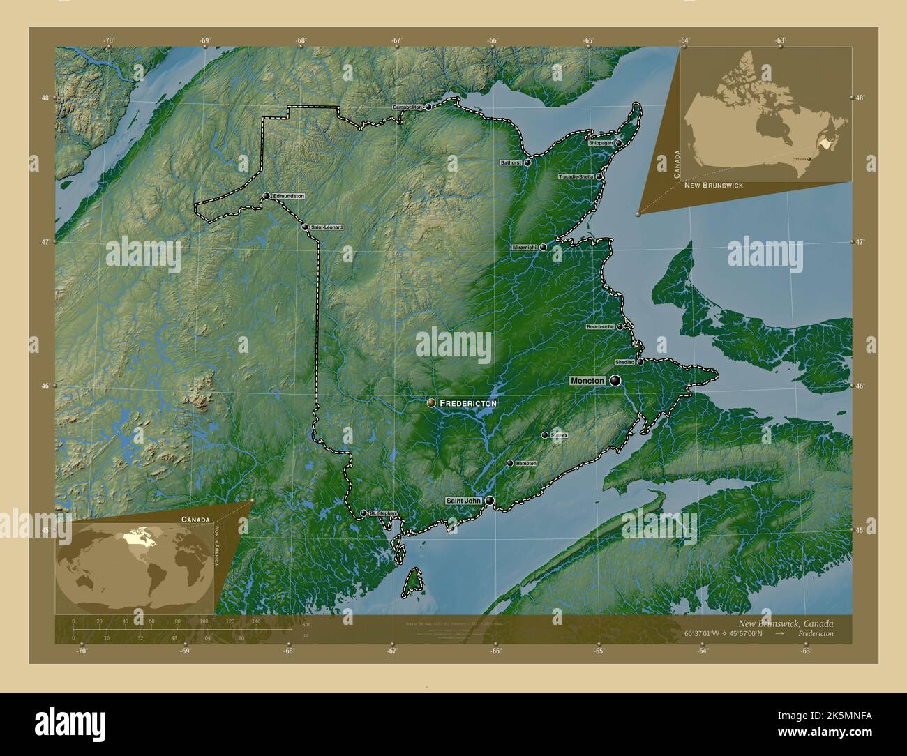New Brunswick, province of Canada. Colored elevation map with lakes and ...