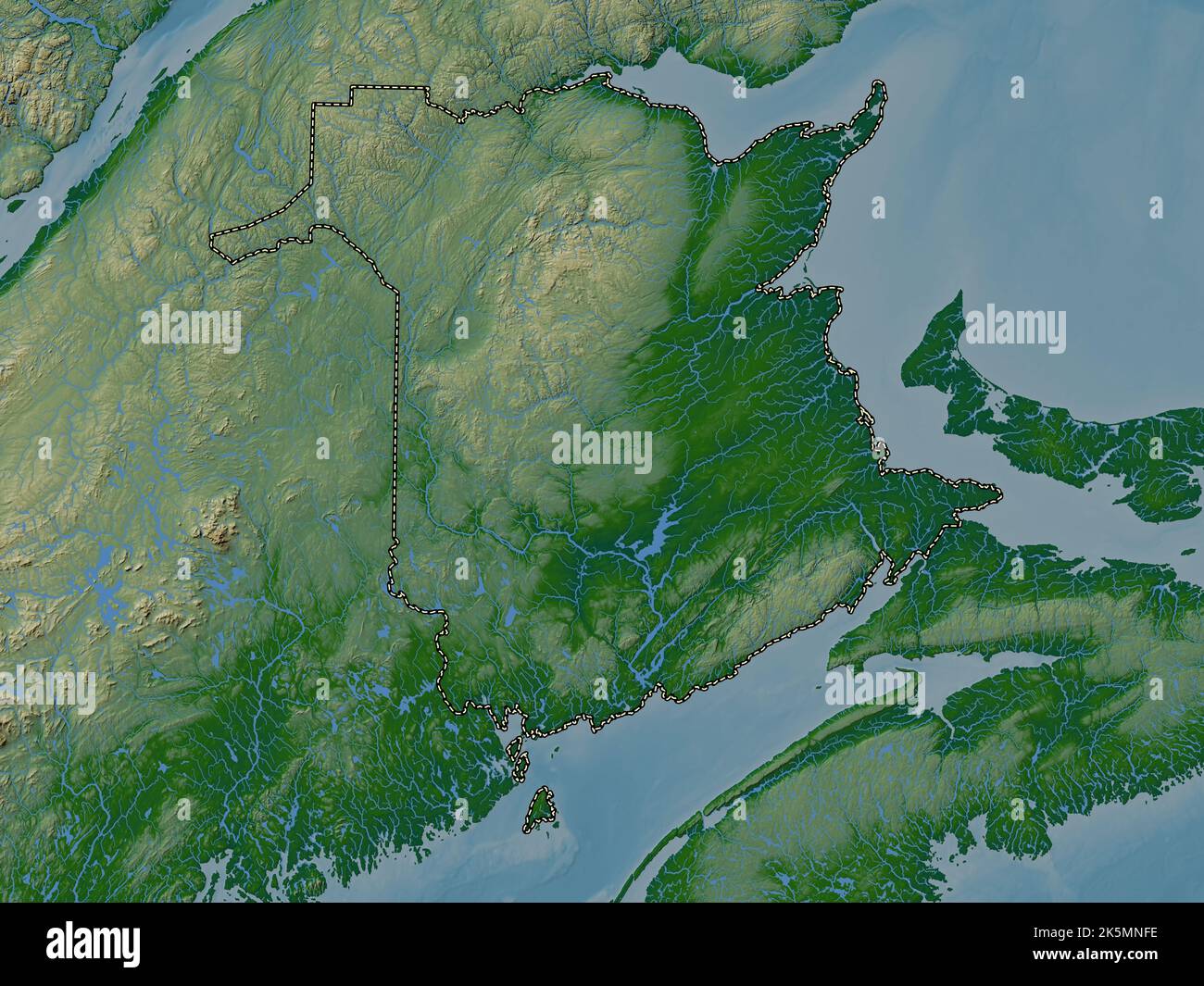 New Brunswick, province of Canada. Colored elevation map with lakes and ...