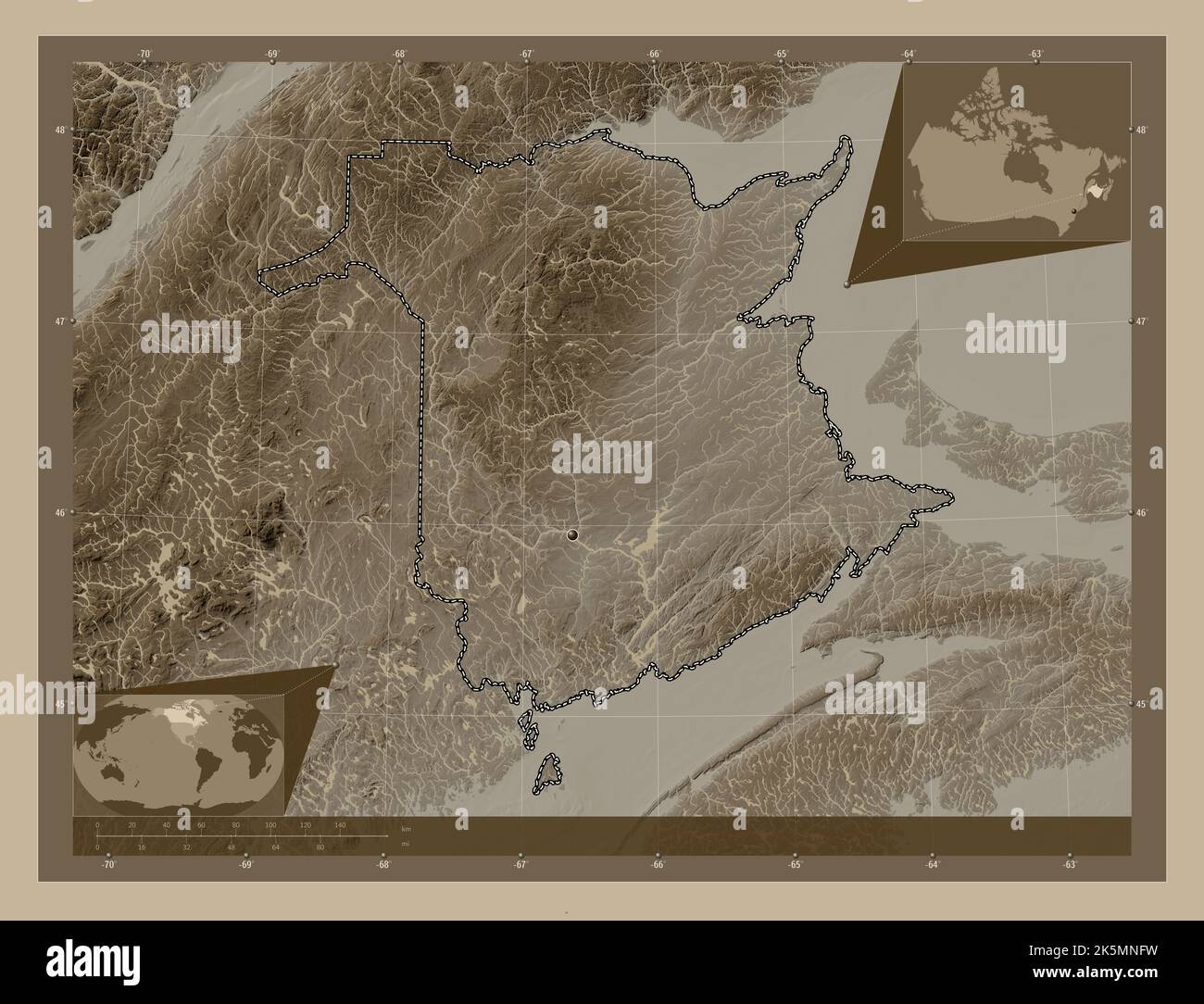 New Brunswick, province of Canada. Elevation map colored in sepia tones ...