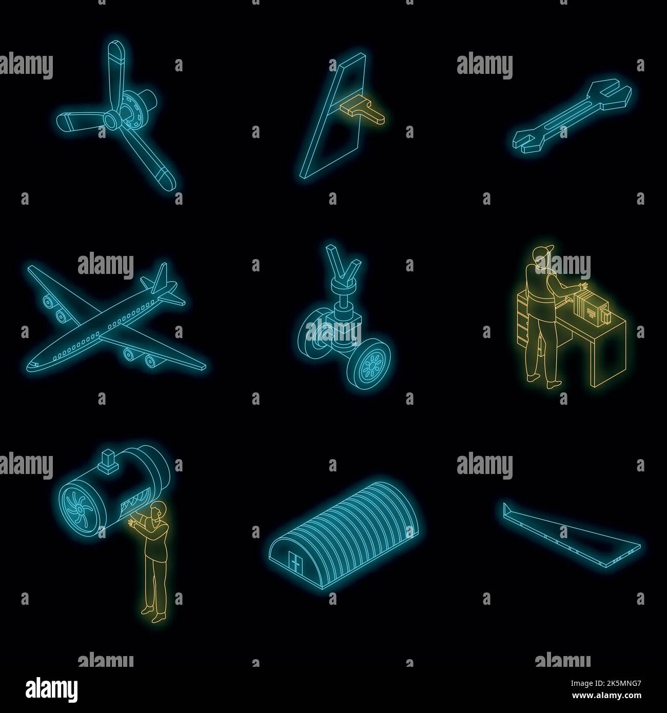 Aircraft repair icons set. Isometric set of aircraft repair vector icons neon color on black ...