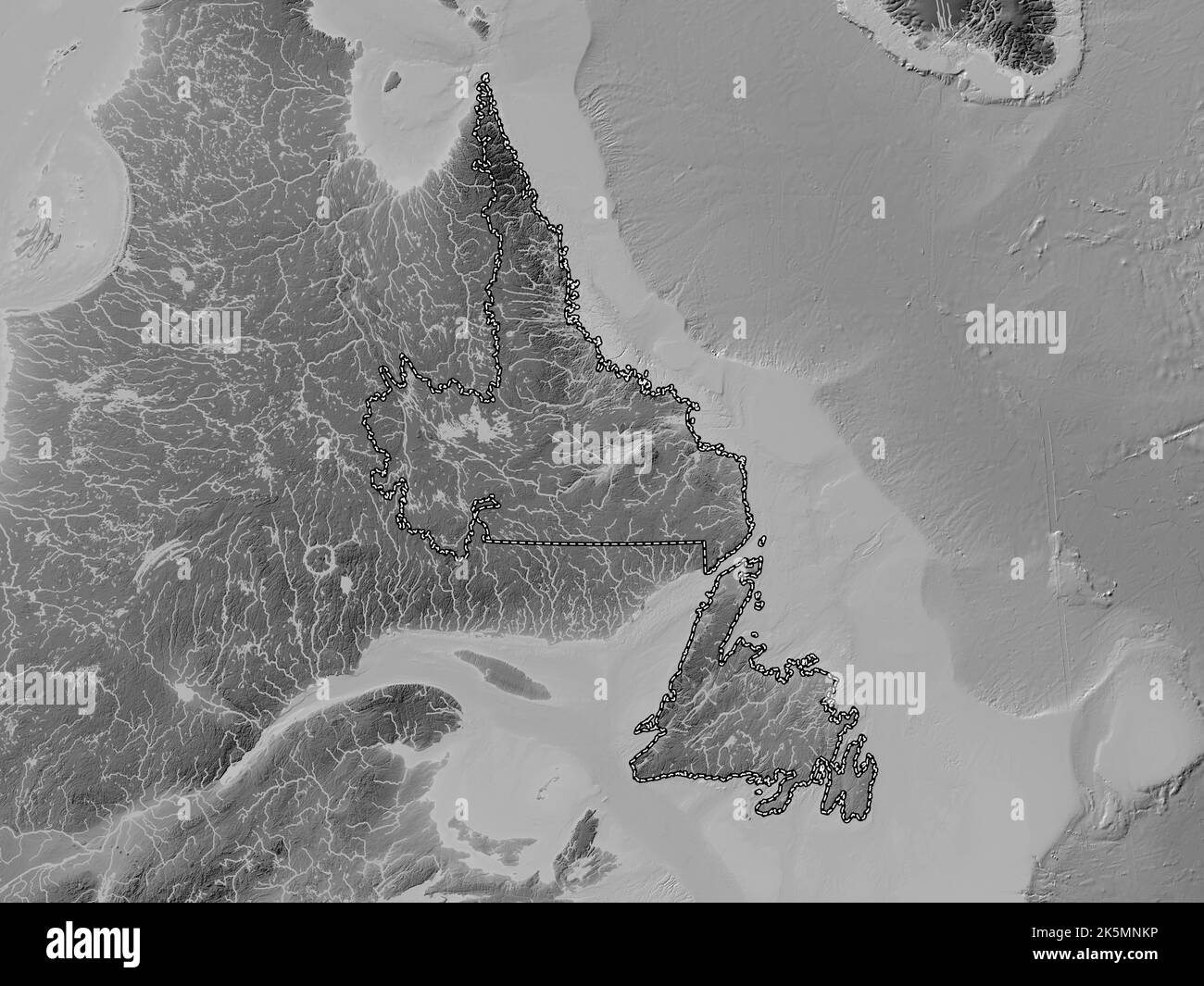 Newfoundland and Labrador, province of Canada. Grayscale elevation map with lakes and rivers ...