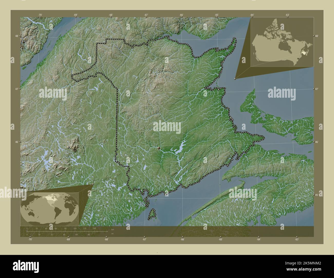 New Brunswick, province of Canada. Elevation map colored in wiki style ...