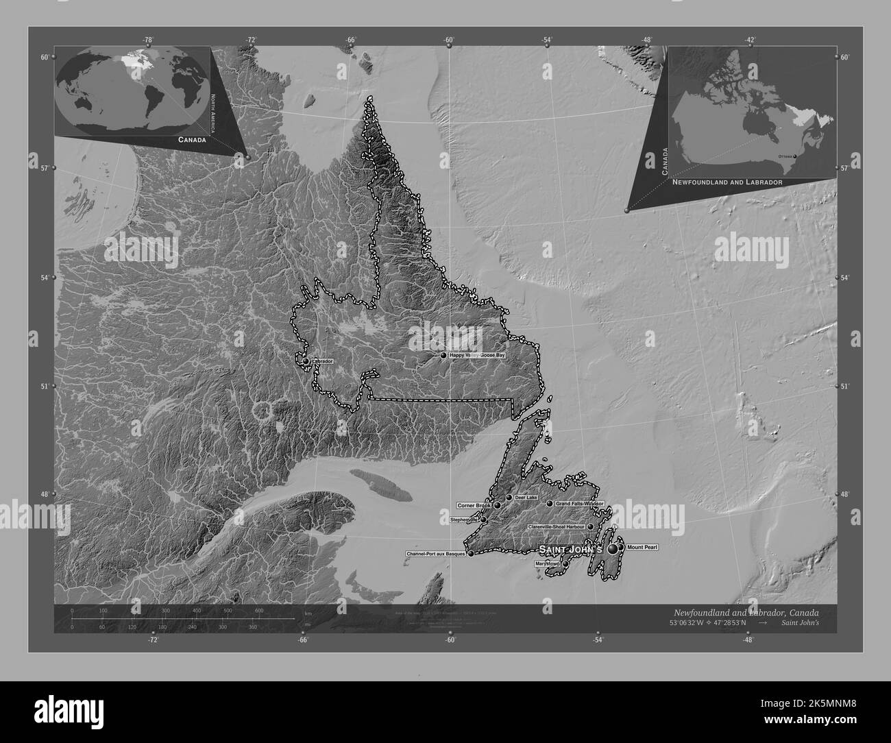 Newfoundland and Labrador, province of Canada. Bilevel elevation map ...