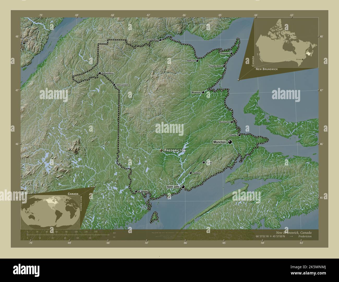 New Brunswick, province of Canada. Elevation map colored in wiki style ...