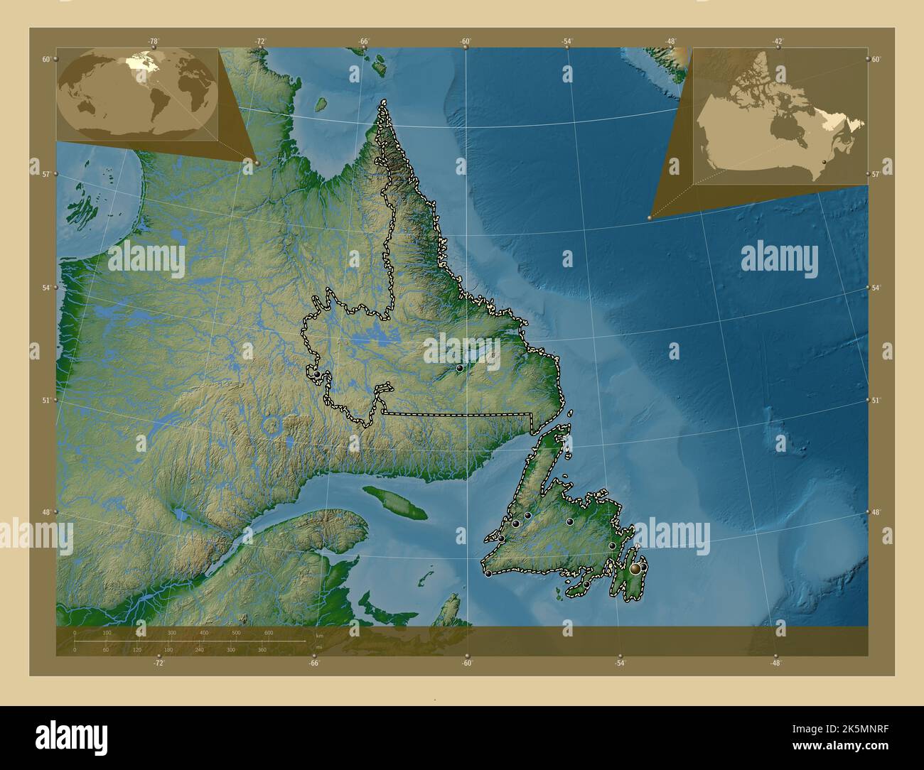 Newfoundland and Labrador, province of Canada. Colored elevation map ...