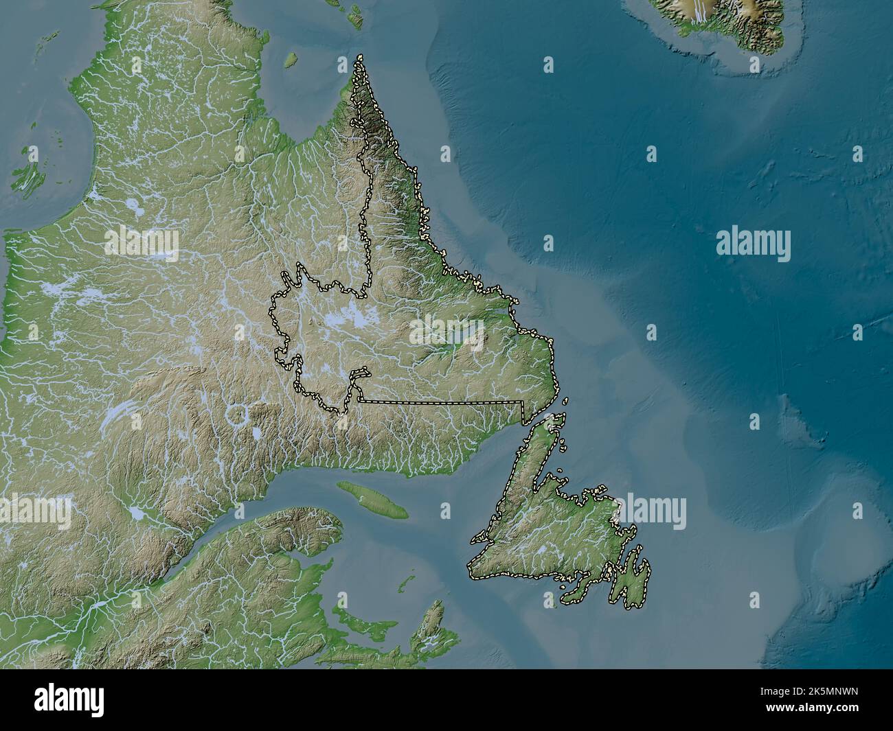 Newfoundland and Labrador, province of Canada. Elevation map colored in wiki style with lakes ...