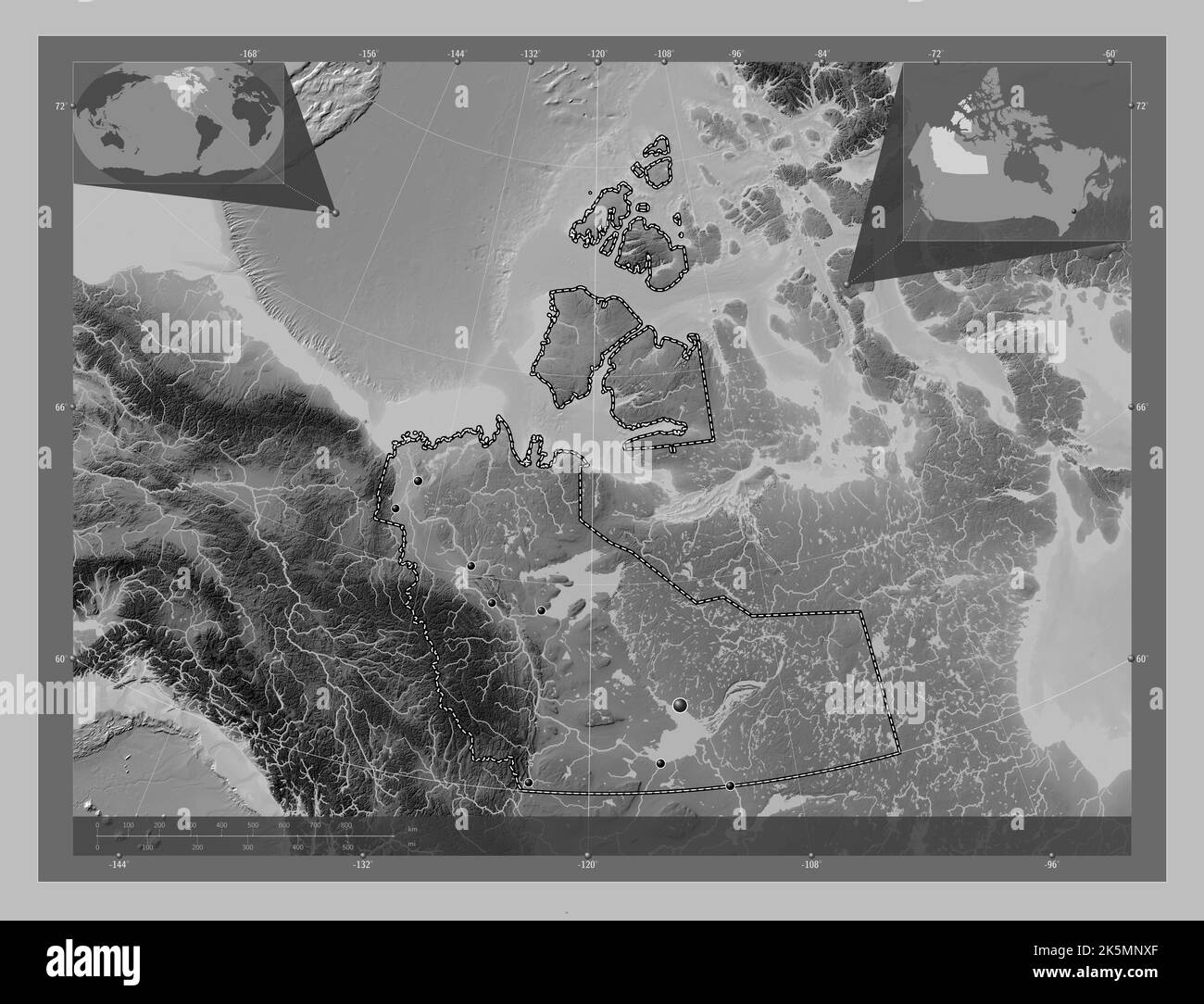 Northwest Territories, territory of Canada. Grayscale elevation map with lakes and rivers ...