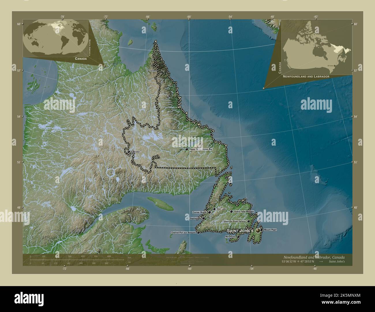 Newfoundland and Labrador, province of Canada. Elevation map colored in ...