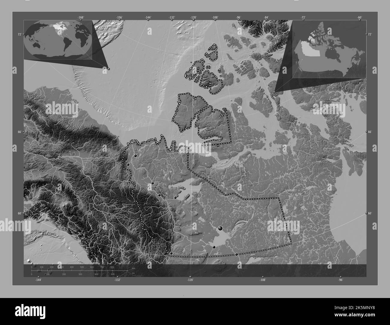 Northwest Territories, territory of Canada. Bilevel elevation map with ...