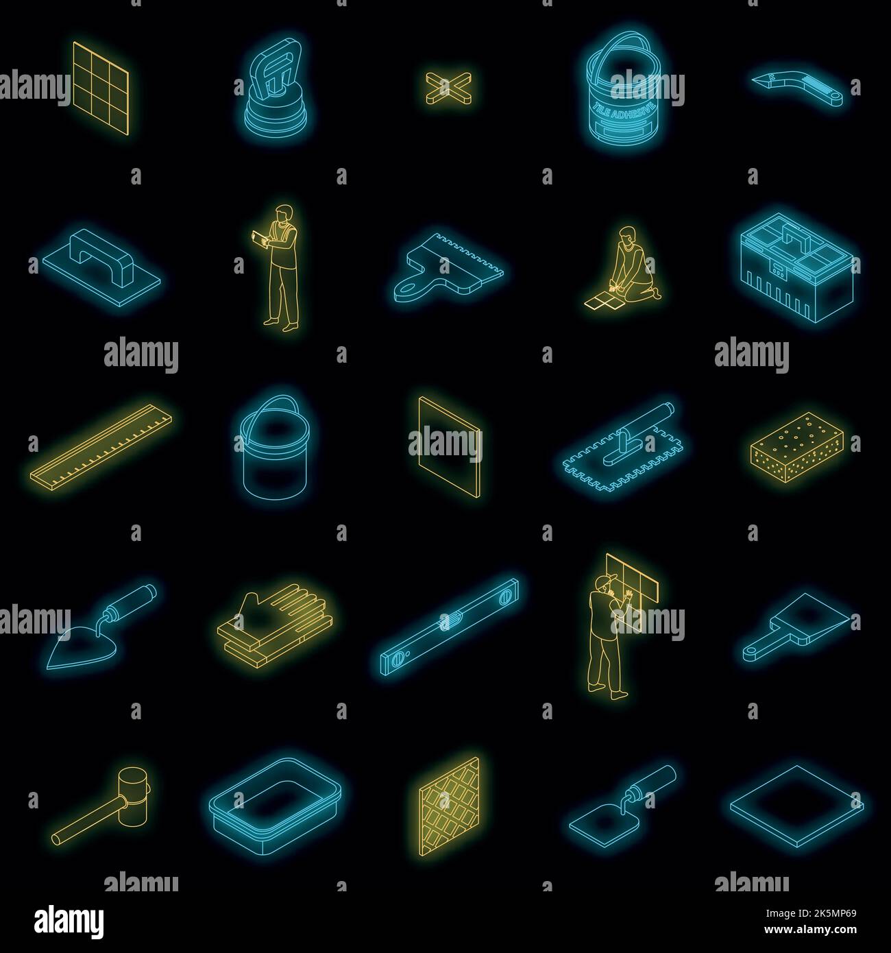 Tiler icons set. Isometric set of tiler vector icons neon color on ...
