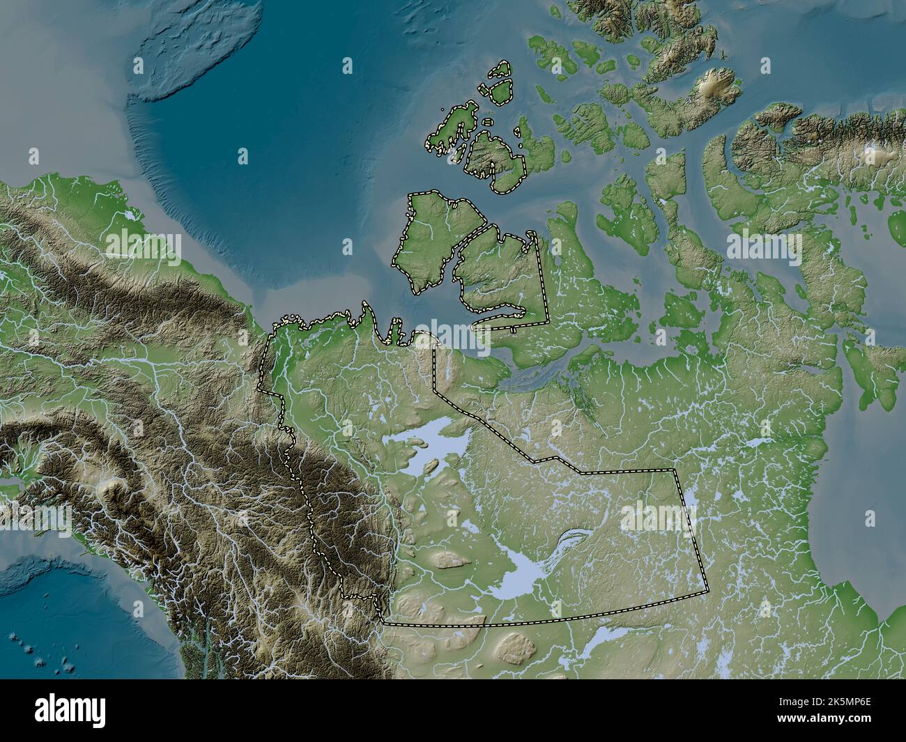 Northwest Territories, territory of Canada. Elevation map colored in wiki style with lakes and ...
