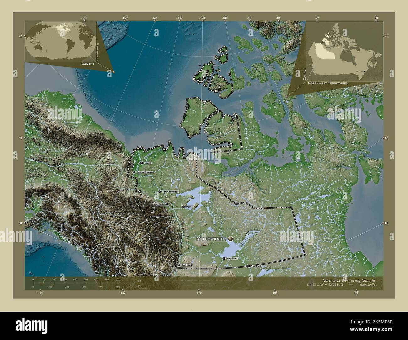 Northwest Territories, territory of Canada. Elevation map colored in wiki style with lakes and ...
