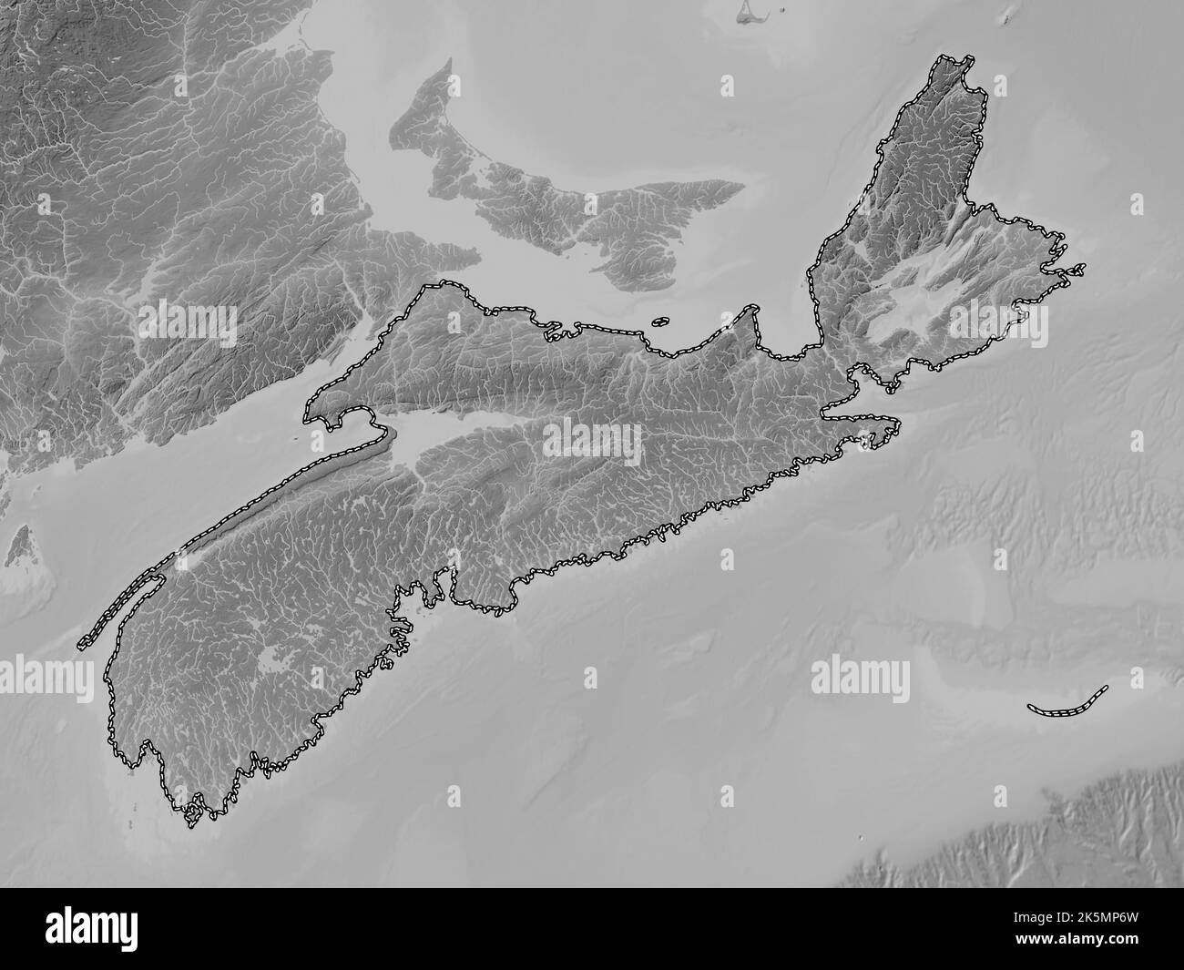Nova Scotia, province of Canada. Grayscale elevation map with lakes and ...