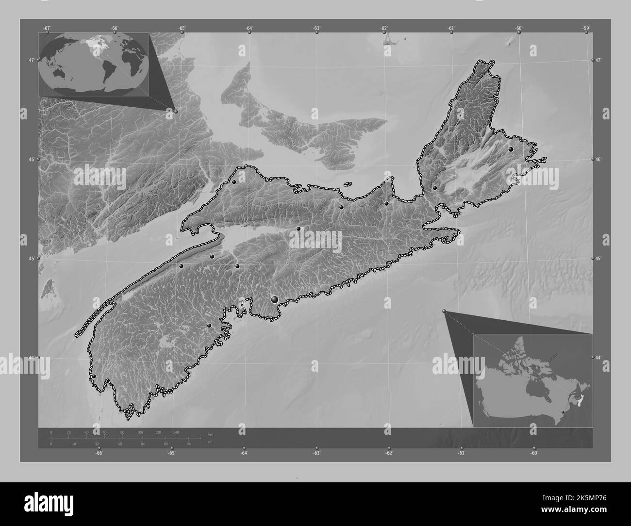 Nova Scotia, province of Canada. Grayscale elevation map with lakes and ...