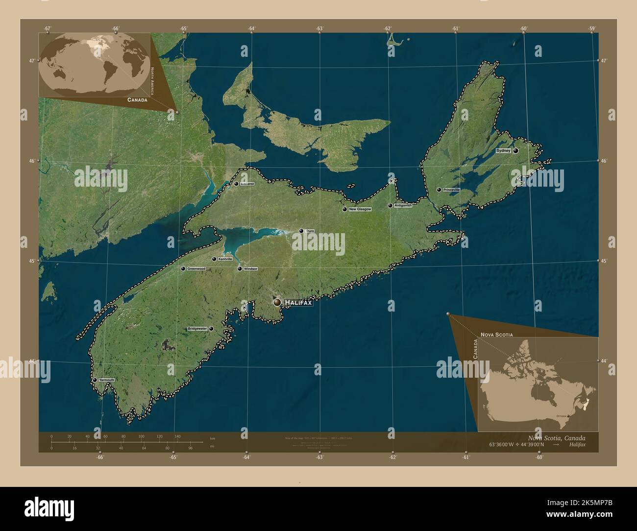 Nova Scotia, province of Canada. Low resolution satellite map ...