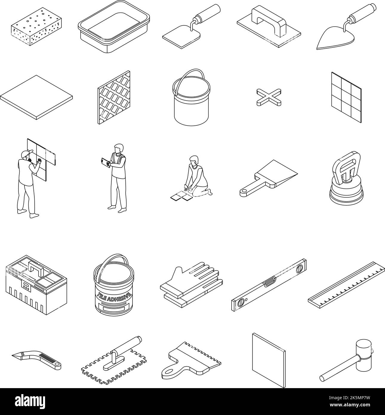 Tiler icons set. Isometric set of tiler vector icons outline thin lne ...