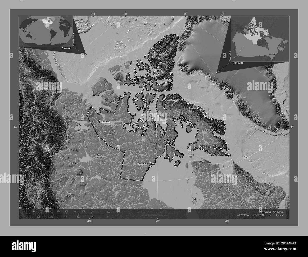 Nunavut, territory of Canada. Bilevel elevation map with lakes and ...