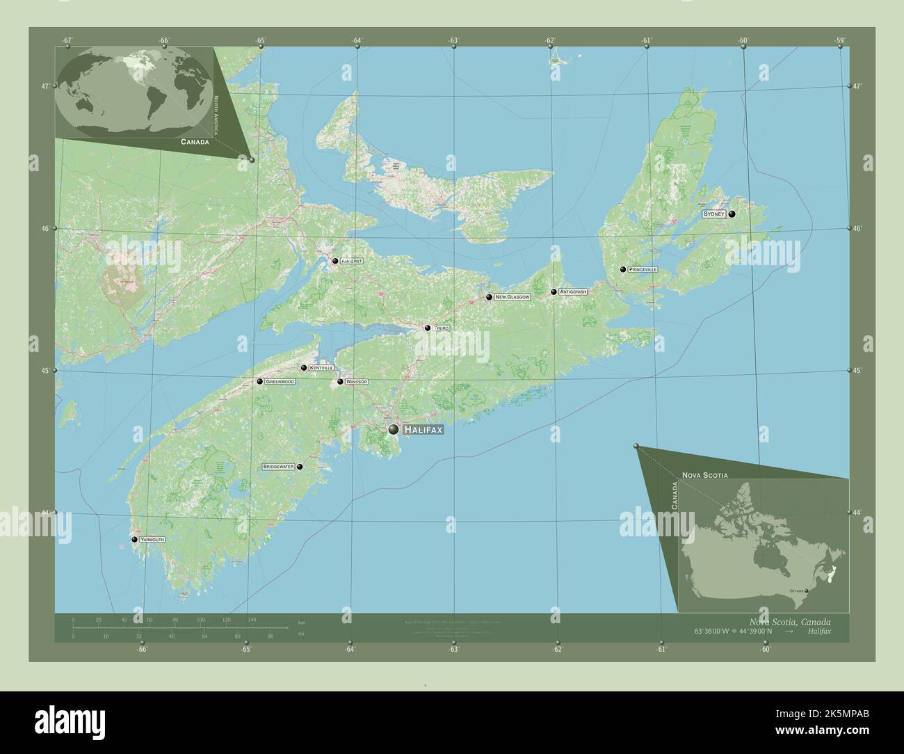 Nova Scotia, province of Canada. Open Street Map. Locations and names ...