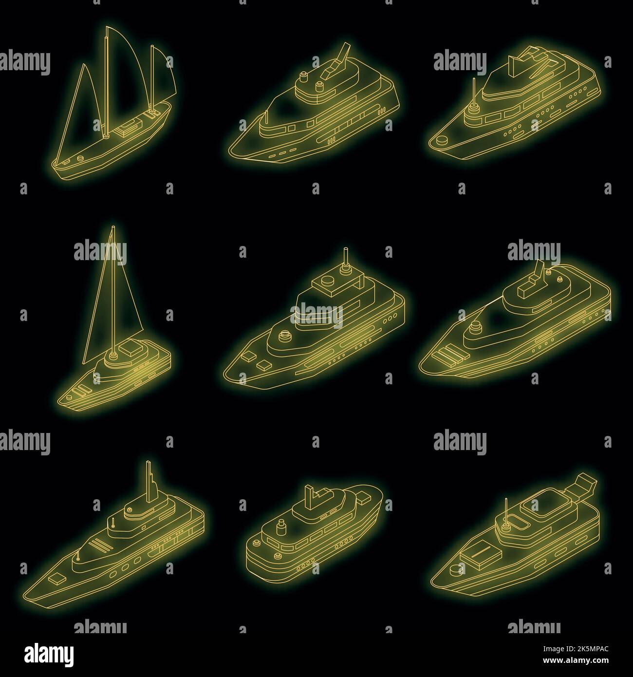 Yacht icons set. Isometric set of yacht vector icons neon color on ...