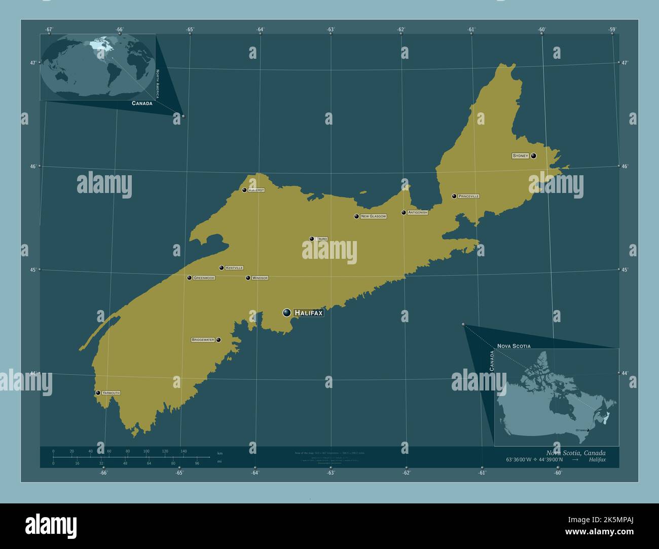 Nova Scotia, province of Canada. Solid color shape. Locations and names ...