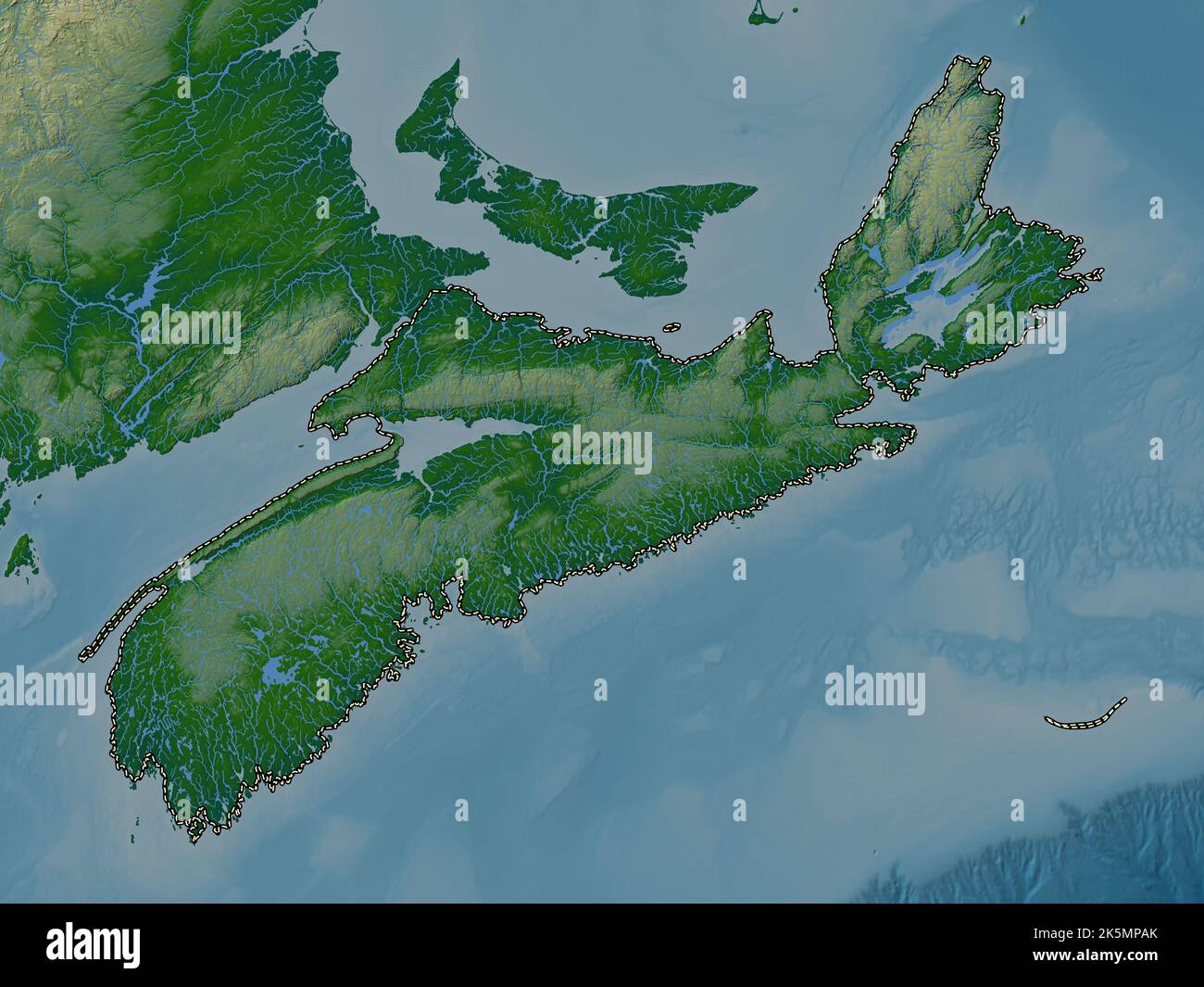 Nova Scotia, province of Canada. Colored elevation map with lakes and ...