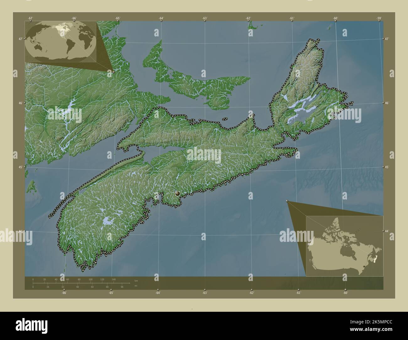 Nova Scotia, province of Canada. Elevation map colored in wiki style ...