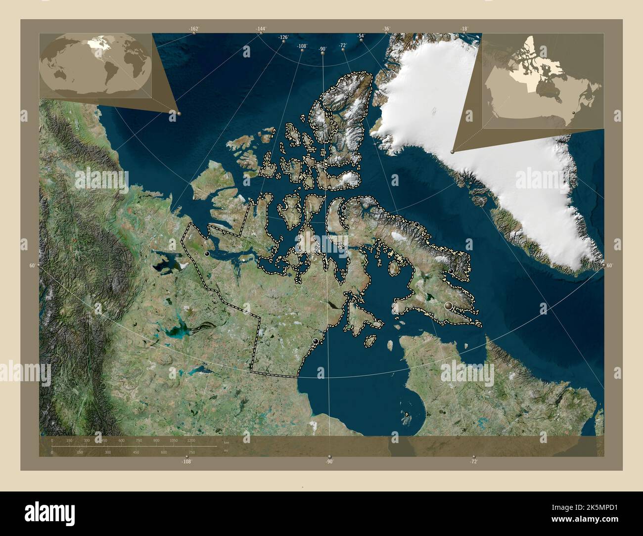 Nunavut, territory of Canada. High resolution satellite map. Locations ...